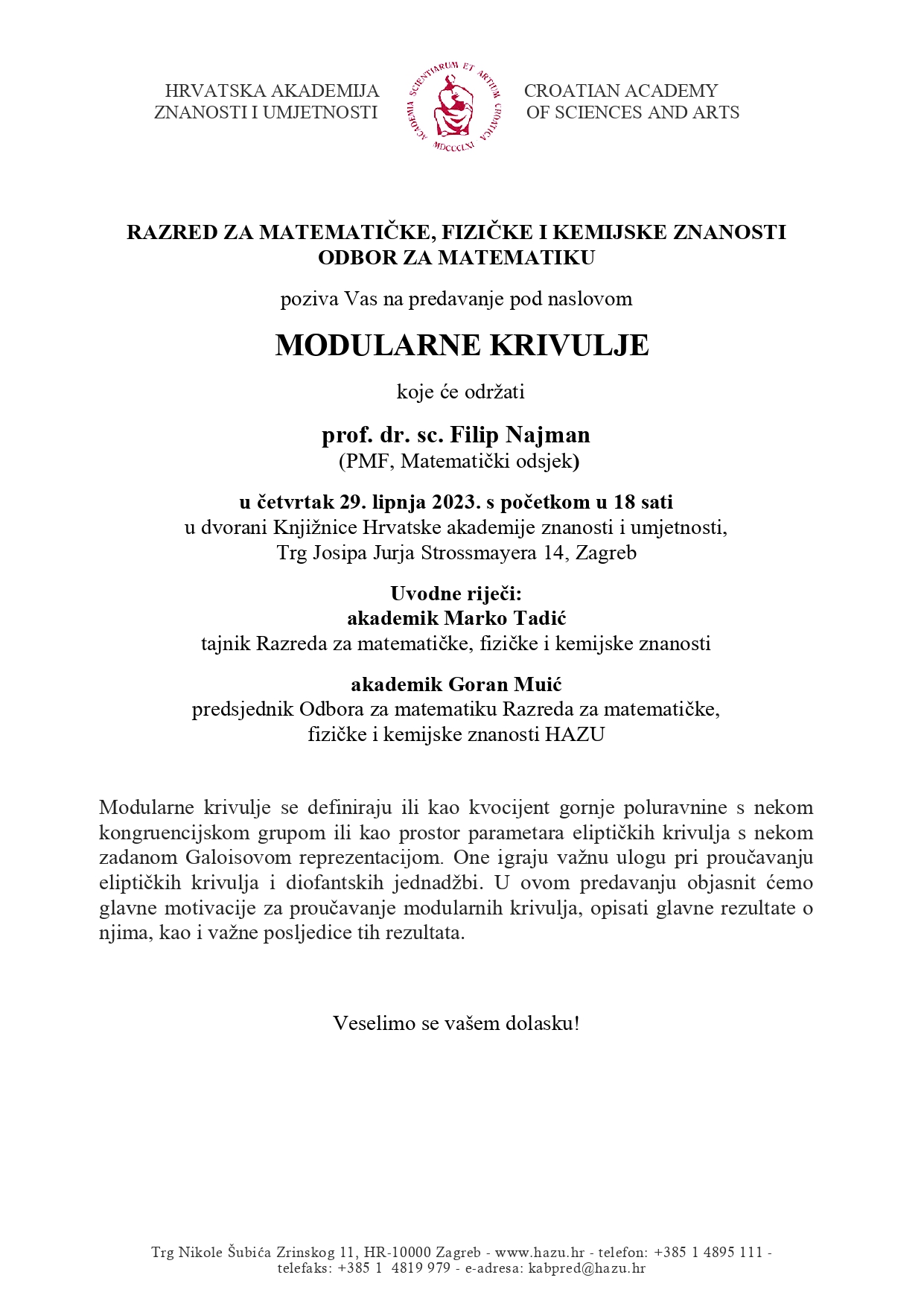 HAZU predavanje: prof. dr. sc. Filip Najman, 29.06.2023. - Naslovnica ...